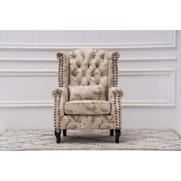 Fabric Tufted Nailhead Trim Wingback Floral Pattern Arm Chair - Bed ...