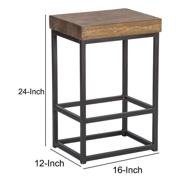 Iron Base Counter Height Stool with Pine Wood Seat, Brown and Black ...