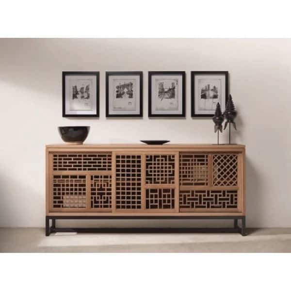 Artissance Oak Iron Carved Lattice Display Buffet With 3 Doors, 79 Inch ...