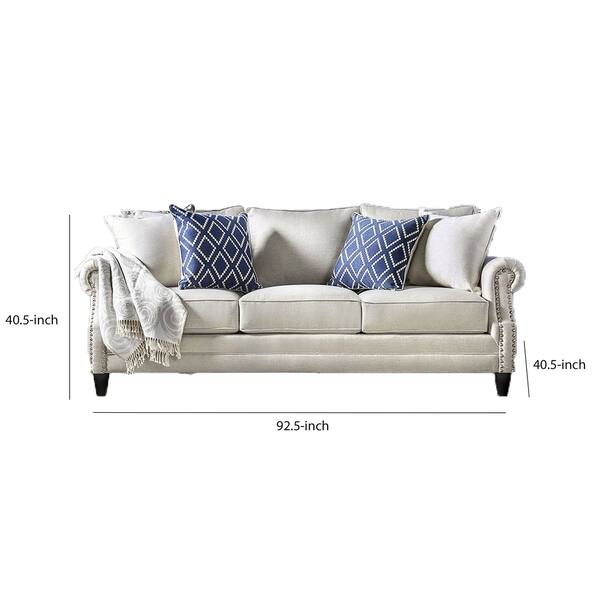 Fabric Upholstered Wooden Sofa With Nailhead Trims Beige Bed Bath