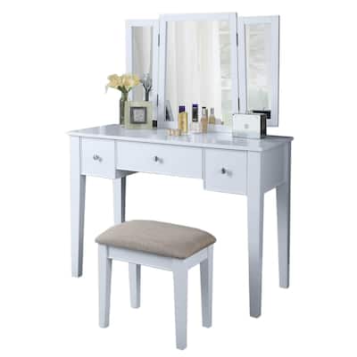 3 Piece Wooden Vanity Set with Triple Fold Mirror, White and Gray ...