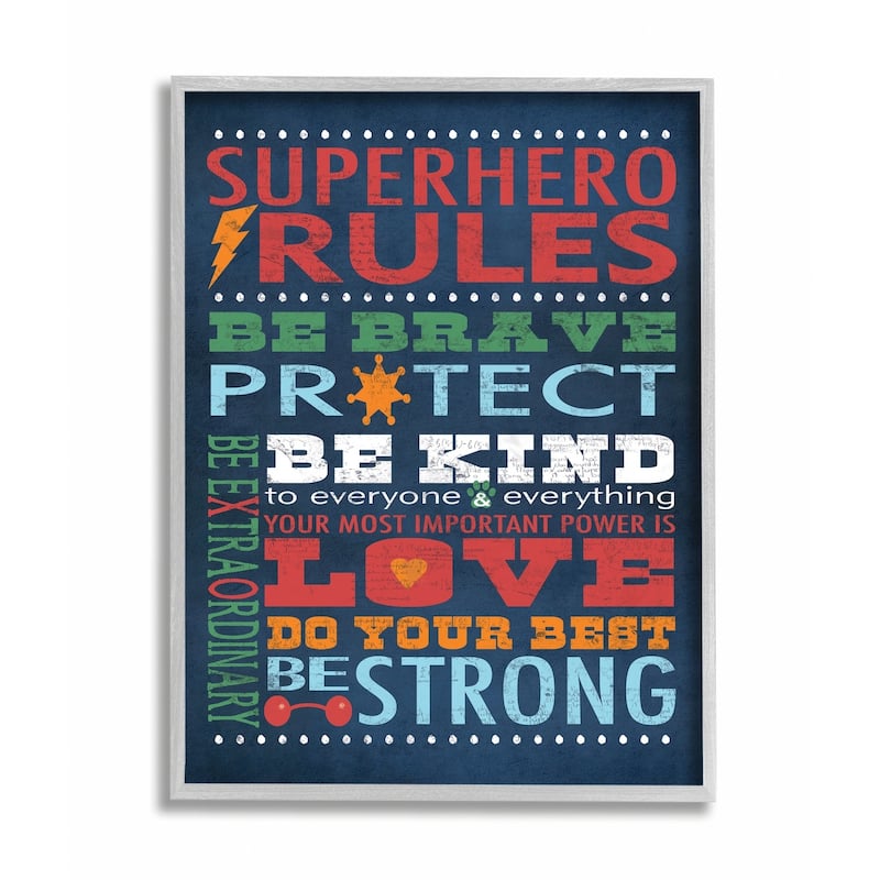 The Kids Room by Stupell Dark Blue Superhero Rules Grey Framed, 16 x 20 ...