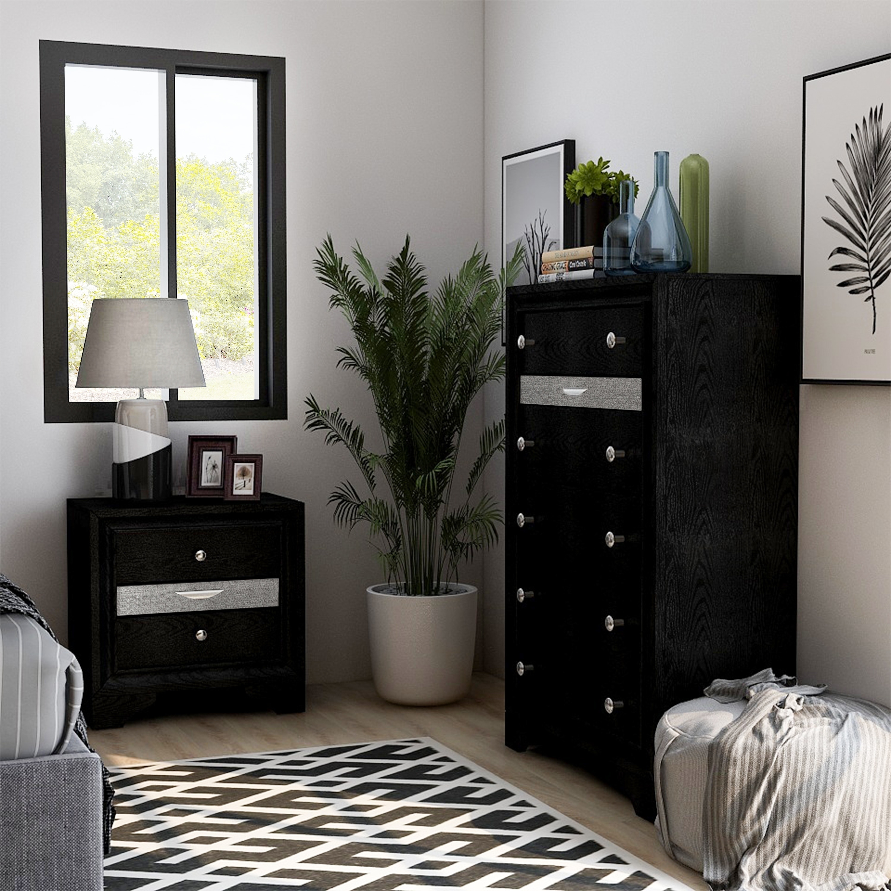 Balistrieri Contemporary Black 2 Piece Nightstand and Chest Set by Silver Orchid