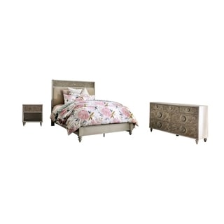 Daff Traditional Beige Wood 3-Piece Padded Panel Bed with Nightstand ...