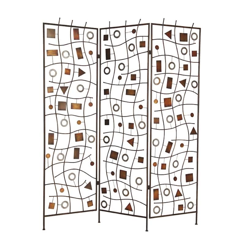 Foldable Metal Screen with Geometrical Design and 3 Panels, Brown ...