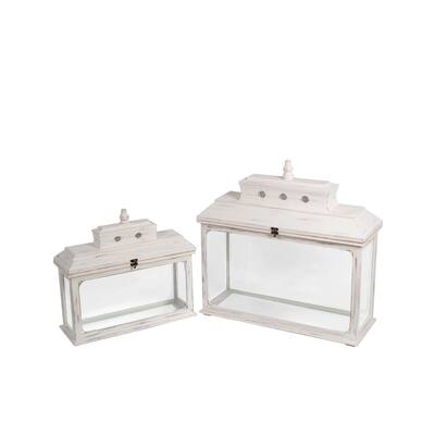 2 Piece Rectangular Wood and Glass Lantern Set with Finial Top, White ...