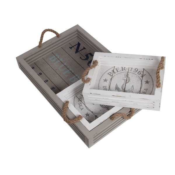 3 Piece Coastal Wooden Tray Set with Nautical Imprint, White and Gray ...
