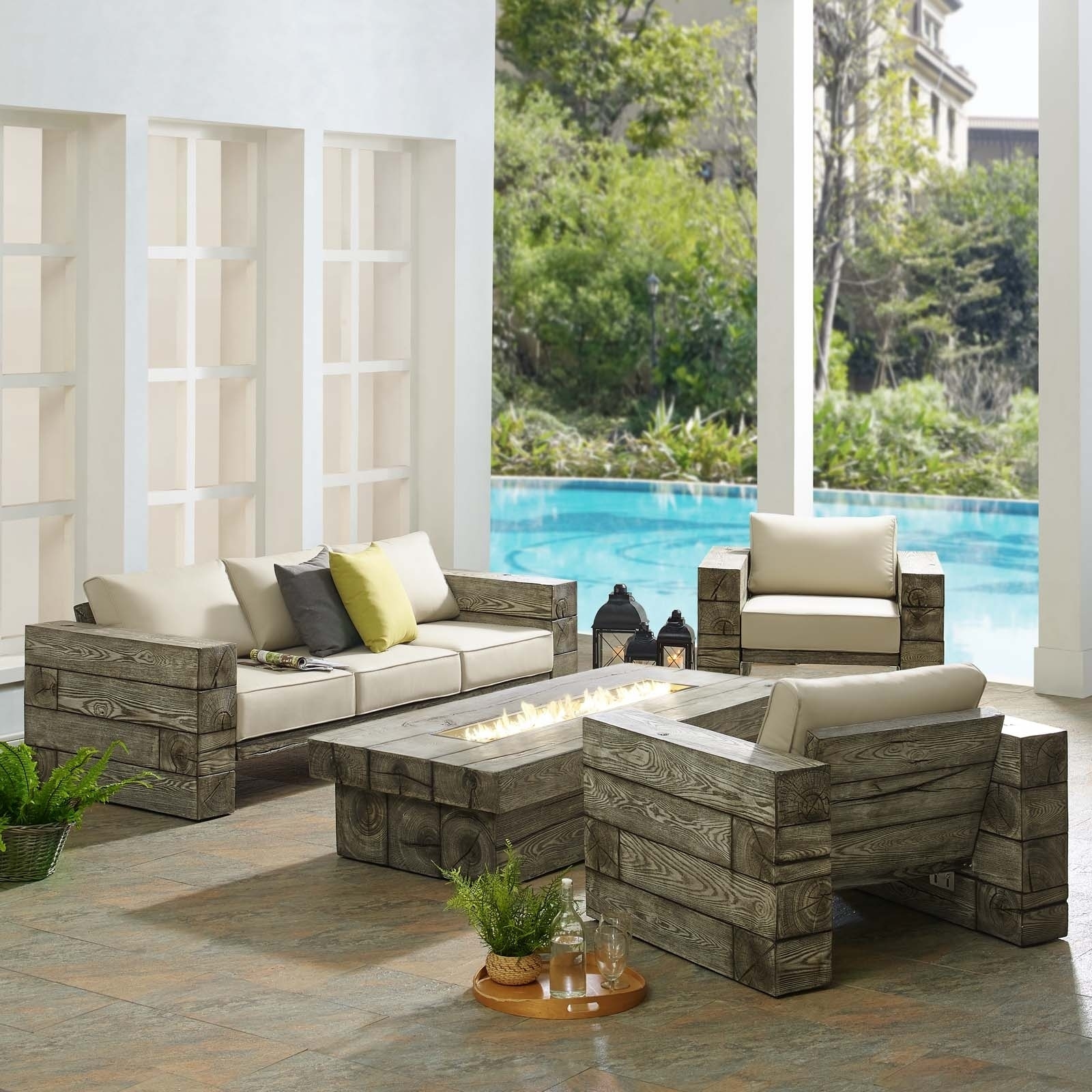 Manteo Rustic Coastal Outdoor Patio Sofa Set with Fire Pit Table - On ...