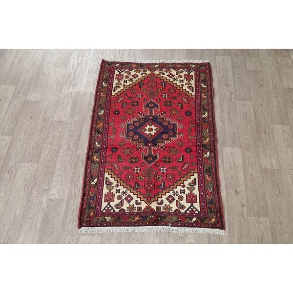 Geometric Red Hamedan Persian Area Rug Handmade Oriental Carpet - 3'4 ...