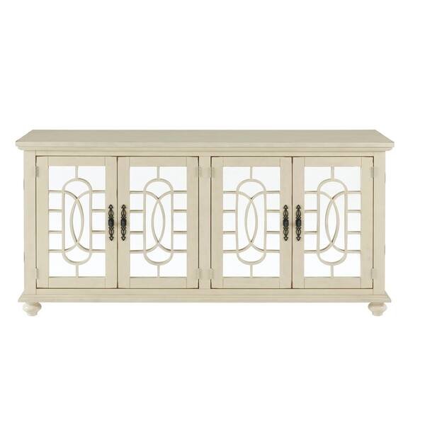 Trellis Front Wood and Glass TV stand with Cabinet Storage, Beige - On ...