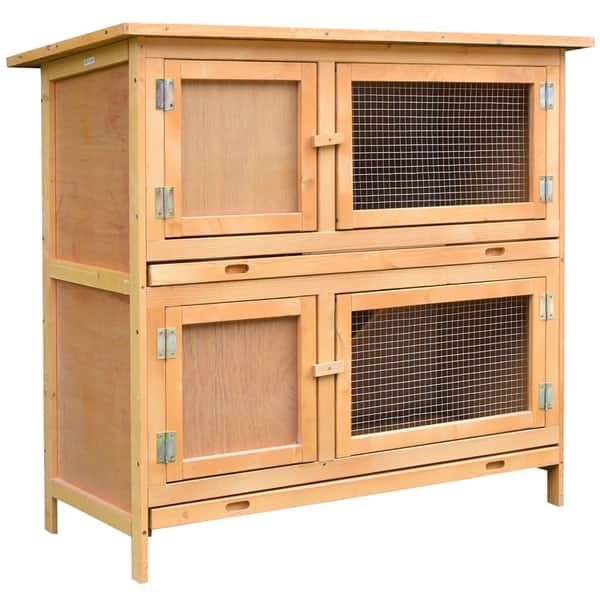 PawHut Solid Wood Rabbit/Bunny Hutch with 2 Large Main Rooms ...