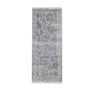 Shahbanu Rugs Light Green Pure Silk with Textured Wool Mughal Design ...