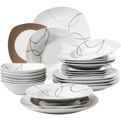 24-Piece Porcelain Dinnerware Set Brown Lines Patterns Plate Sets ...