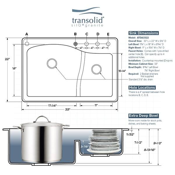 Transolid Aversa SilQ Granite 33-in. Drop-in Kitchen Sink with 3 BCE ...