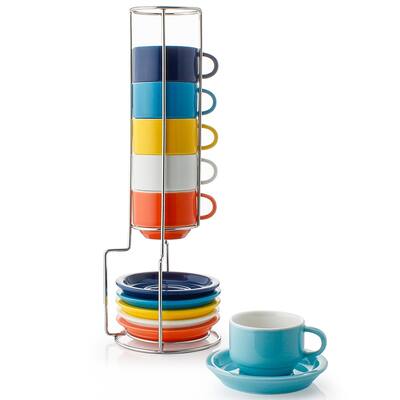 Porcelain Stackable Espresso Cups with Saucers and Metal Stand - 2.5 ...