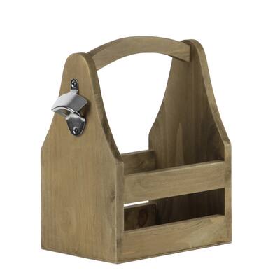 Rectangular Wooden Tray Basket with Bottle Opener and Top Handle, Brown ...