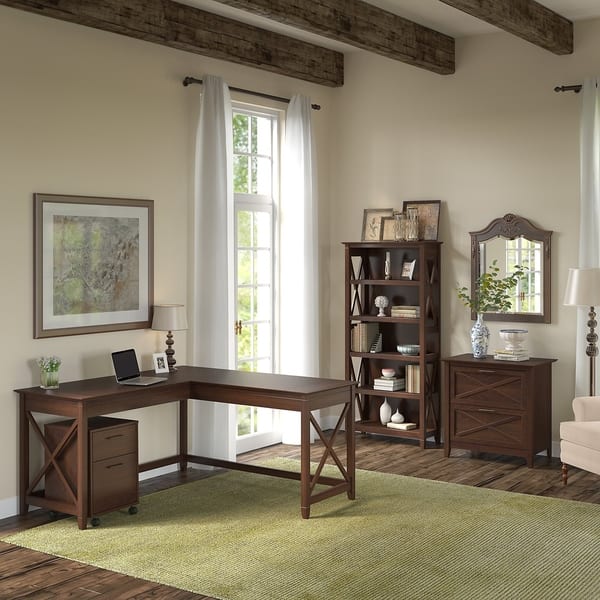 Key West 60W L Desk with File Cabinets and Bookcase by Bush Furniture ...