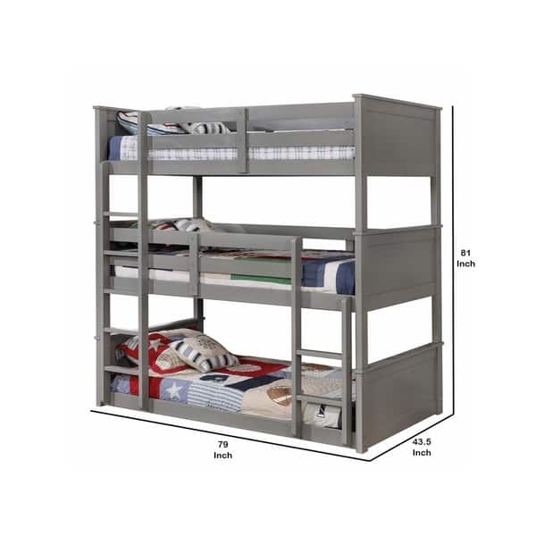 3 Tier Wooden Bunk Bed with Attached Ladders and Slat Base, Gray - Bed ...