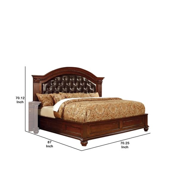 Wooden Queen Bed with Leatherrete Headboad and Reeded Details, Brown ...