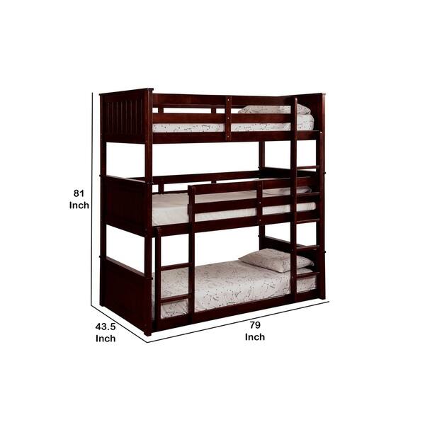 3 Tier Wooden Bunk Bed with Attached Ladders and Slat Base, Brown - Bed ...