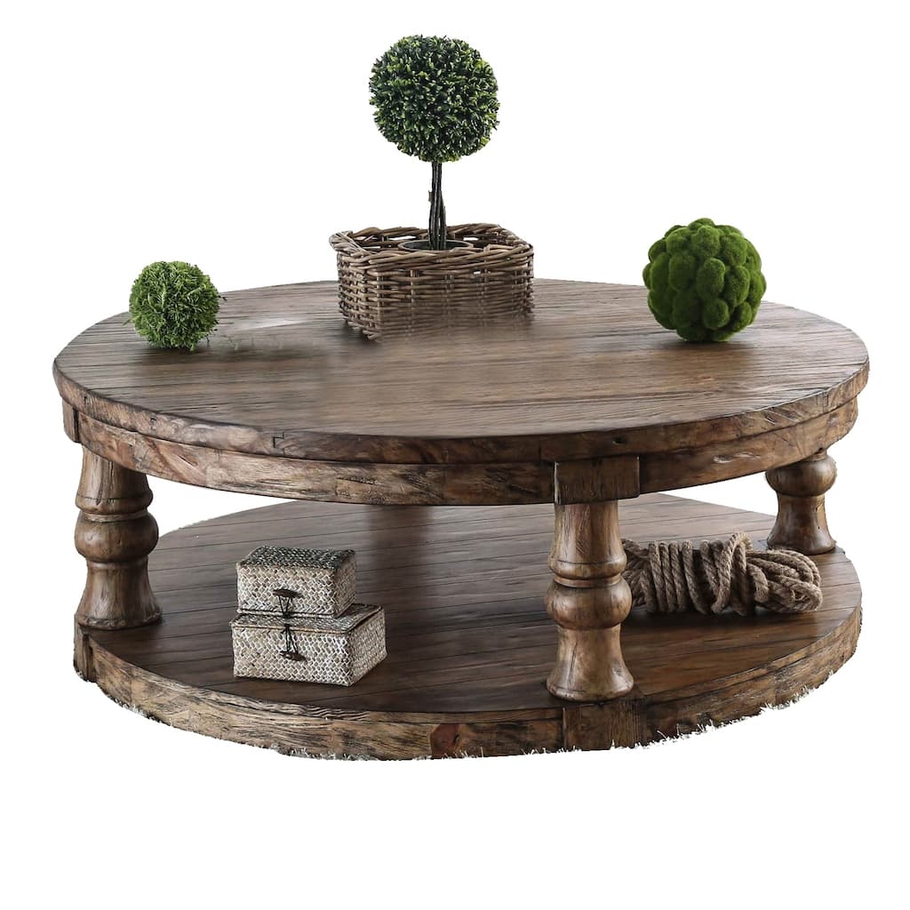Transitional Round Coffee Table with Open Shelf and Turned Legs,Antique ...