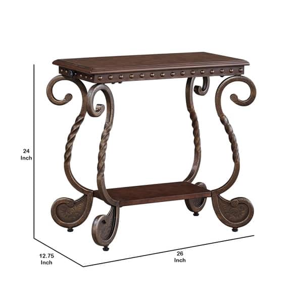 Chair Side End Table With Nailhead Trim Top and Scrolled Base, Brown ...