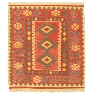 Flat-weave Kashkoli Brown, Red Wool Kilim - 3'4" x 3'10" - Bed Bath ...