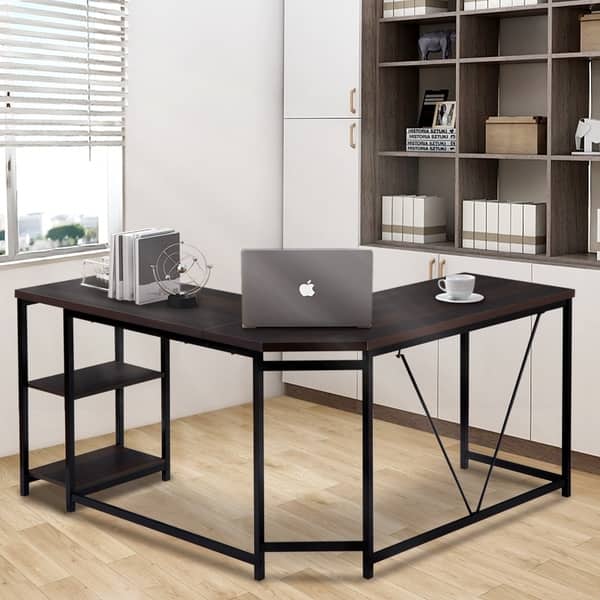 Merax L-Shaped Computer Desk with 2-Tier Storage Shelves - Bed Bath ...