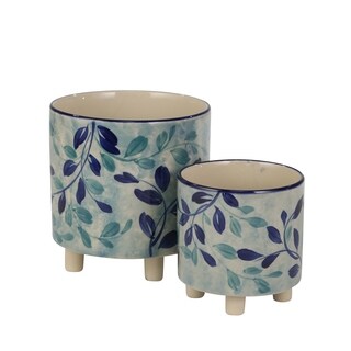 Ceramic Footed Planters 9/ 6" Leaf Design, Blue (Set Of 2) - Bed Bath ...