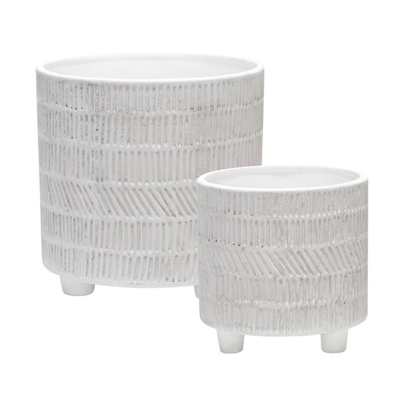Off-white Ceramic Footed Planters with Etched Design (Set of 2 ...