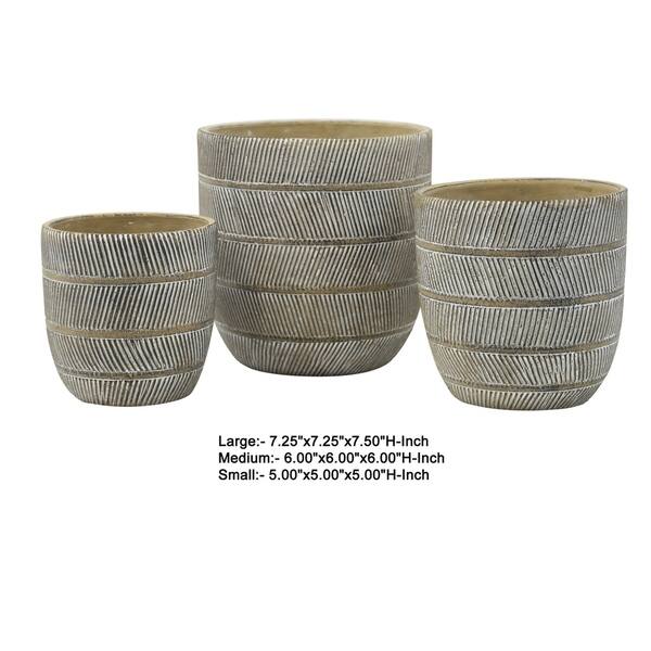 Cement Round Deep Pots with Line and Brush Design, Set of Three, Gray ...