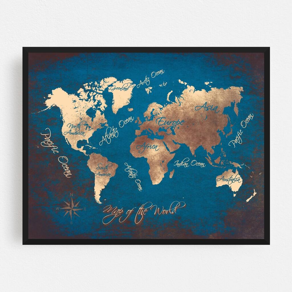 Atlas Blue Gold Journey Map Maps Text Framed Wall Art Print - Overstock ...