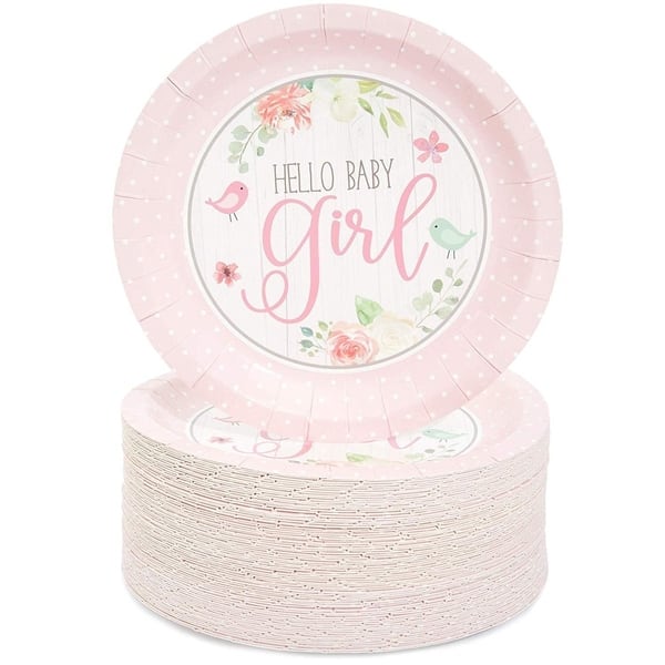 80 Packs Hello Baby Girl Pink Floral Disposable Paper Plates 7