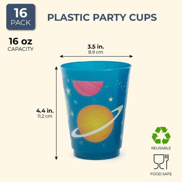 16-Pack Plastic 16 oz Party Cups, Solar System Planets Galaxy Space Reusable Tumblers for Kids ...