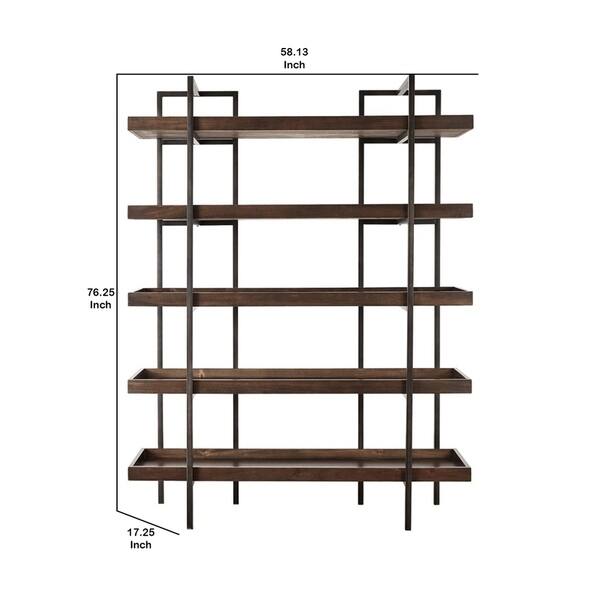 Bookcase with 5 Fixed Wooden Shelves and Metal Frame, Brown and Black ...