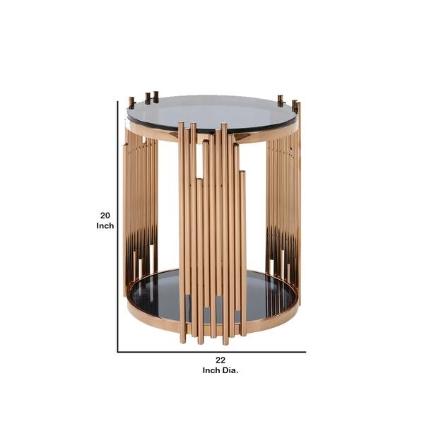 Round Shaped End Table with Smoked Glass Top and Metal Pipe Frame, Gold ...