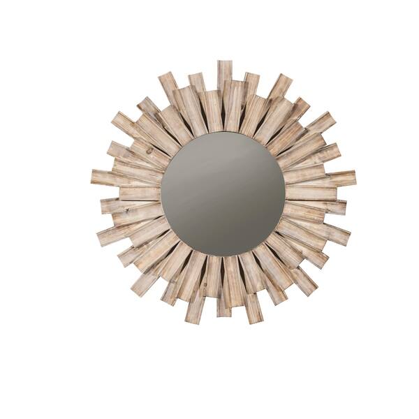 32 x 32 Inch Round Accent Wall Mirror, Sunburst Wood Frame, Brown - Bed ...