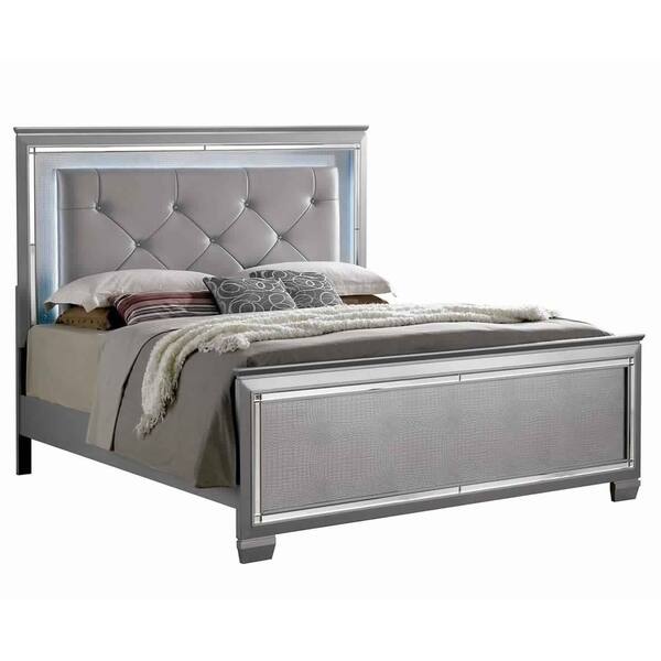 Textured Eastern King Size Bed with Silver Trim Accents, Beige - Bed ...