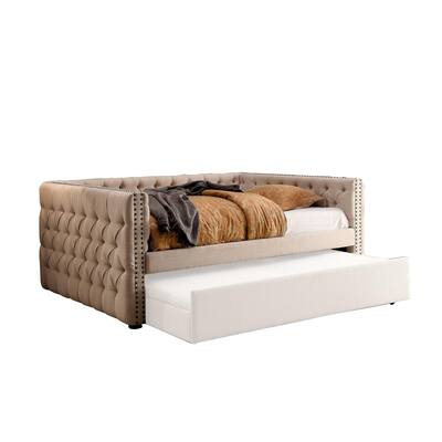 Fabric Upholstered Wooden Daybed with Diamond Button Tuftings, Beige ...