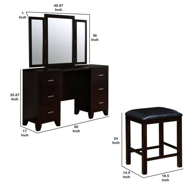 Contemporary Styled 3 Mirror Wooden Vanity with Stool, Brown - Bed Bath ...