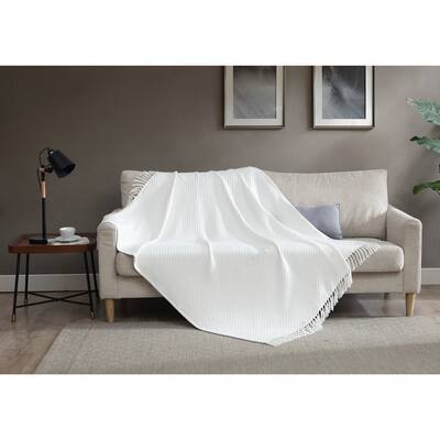 Asher Home 100% Cotton White Knit Throw Blanket - Overstock - 31128851
