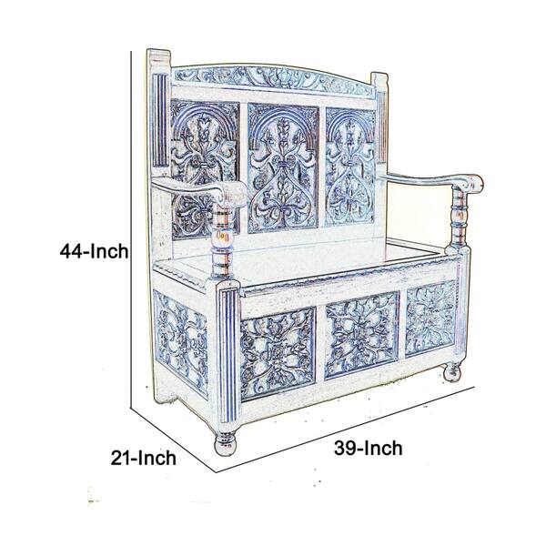 Wooden Bench with Hand Carved Filigree Pattern and Scrolled Arms, Brown ...