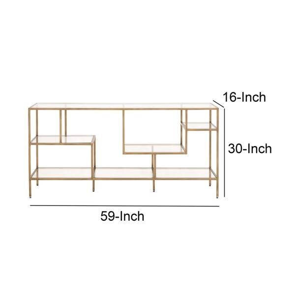Glass and Metal Frame Bookcase with 4 Shelves, Brass and Clear - Bed ...