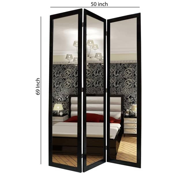 3 Panel Wooden Foldable Mirror Encasing Room Divider, Black and Silver ...