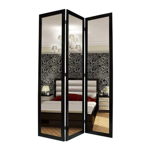 3 Panel Wooden Foldable Mirror Encasing Room Divider, Black and Silver - Bed Bath & Beyond ...