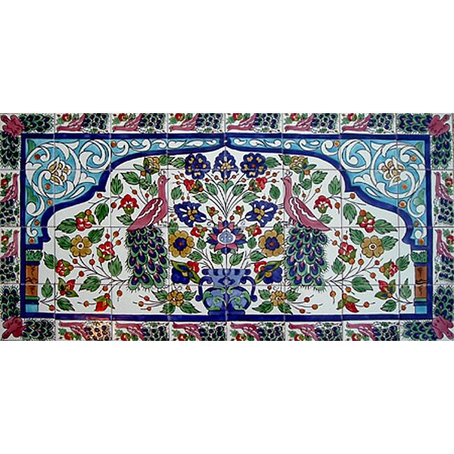 Mosaic 'Peacock' 32-tile Ceramic Wall Mural - Overstock - 3832154