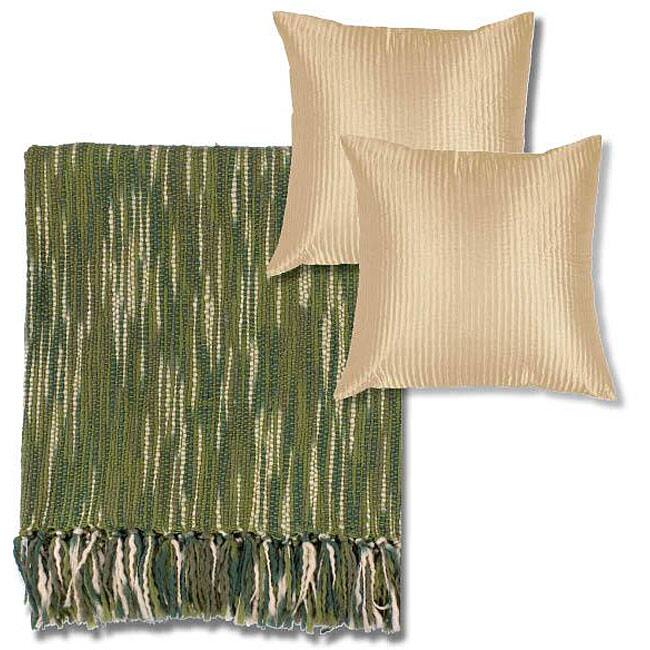 Green/Ivory Throw Blanket and Decorative Pillows - Overstock - 4447433