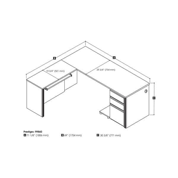 Bestar Prestige Plus 72W L-Shaped Desk with Drawers and Keyboard Tray ...