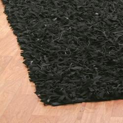 Hand-tied Pelle Black Leather Shag Rug (5' x 8') - Bed Bath & Beyond ...