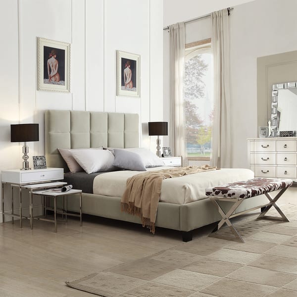 TRIBECCA HOME Sarajevo Taupe Velvet Column Queen-sized Upholstered ...